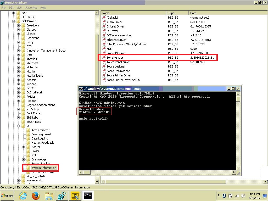 Retrieving device's serial number from registry and WMIC tool