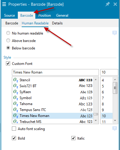 Altering The Barcode Human Readable Fonts And Spacing Using