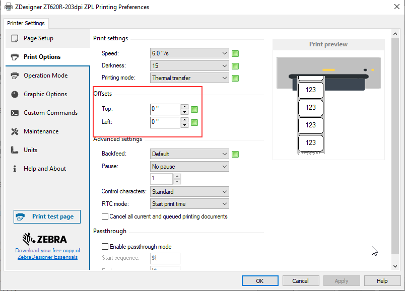 Adjusting Left Position And Top Position Of The Zebra Barcode Printers