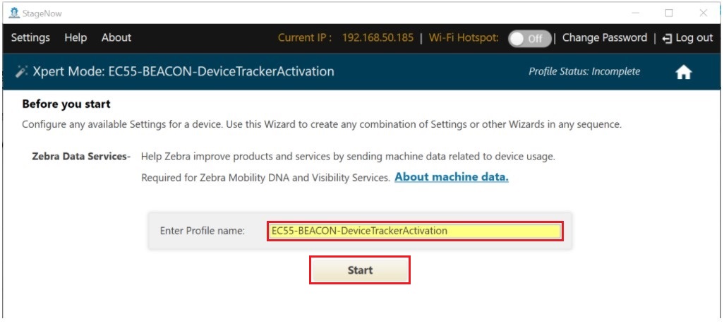 장치 추적기 Stagenow를 통해 Ec50 또는 Ec55에서 보조 Blebluetooth Low Energy 비콘 활성화