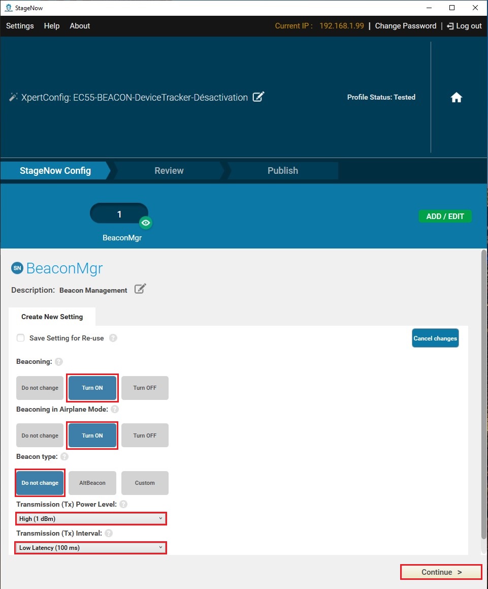 장치 추적기 Stagenow를 통해 Ec50 또는 Ec55에서 보조 Blebluetooth Low Energy 비콘 활성화