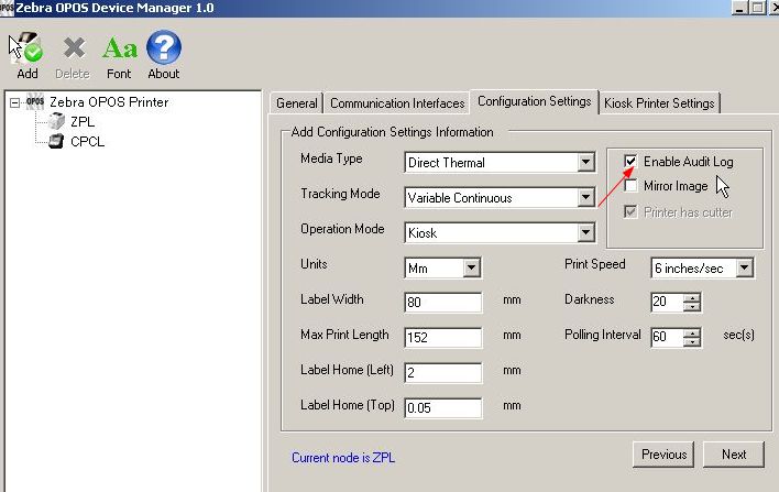 How to enable the Audit Log in the Zebra OPOS Device Manager