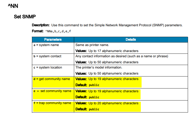 Changing SNMP community names with ZPL
