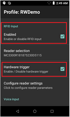 DataWedge RFID 読み取りのトリガーを有効にする (Android Oreo)
