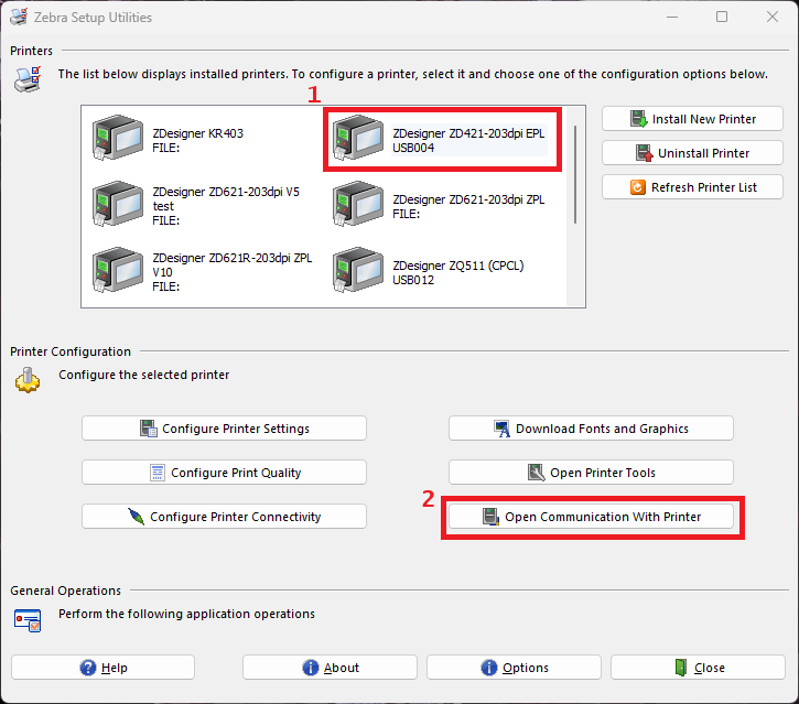ZKDU: EPL 또는 ZPL 프린터를 찾을 수 없습니다.