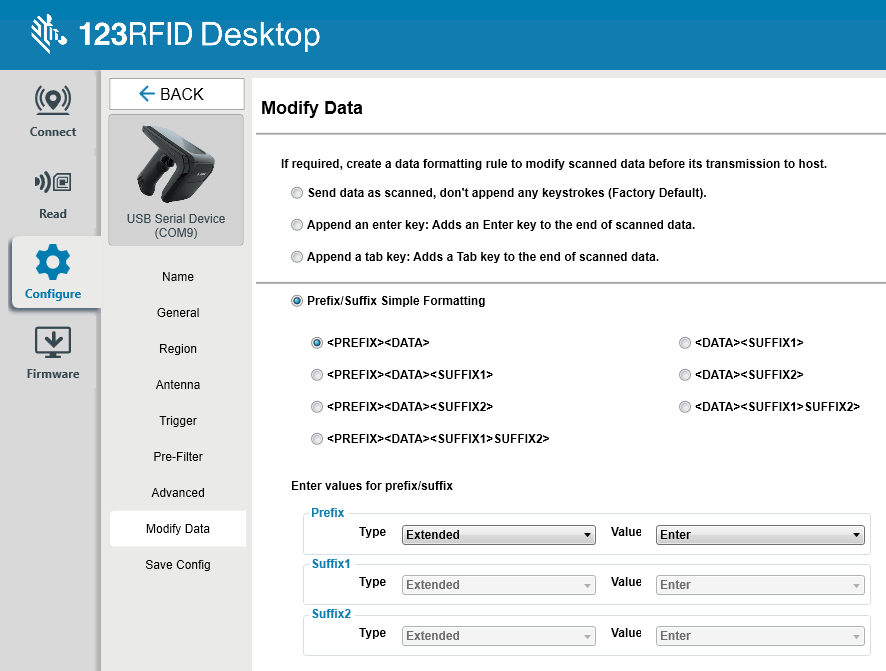 Support For Configuring Hid Mode Prefix And Suffix Basic Data Formatting Rules