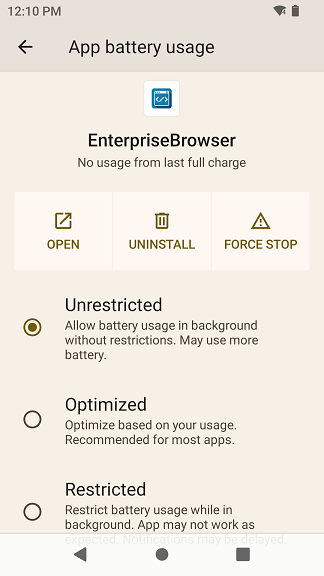 Zebra OEMConfig Powered by MX Version Prior to 13.1.0.1: Battery Optimization Does Not Take Effect