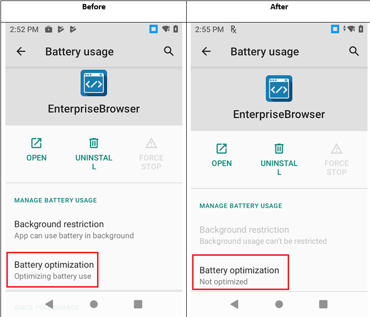 Zebra Legacy OEMConfig Version Prior to 11.5.2.2: Battery Optimization Does Not Take Effect