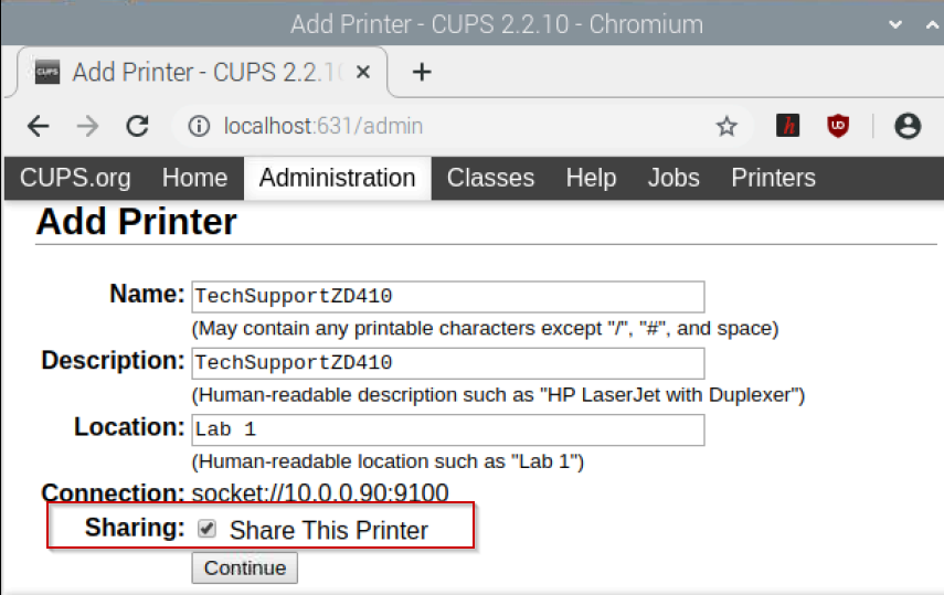 Printing from Windows 10 to a shared CUPS printer