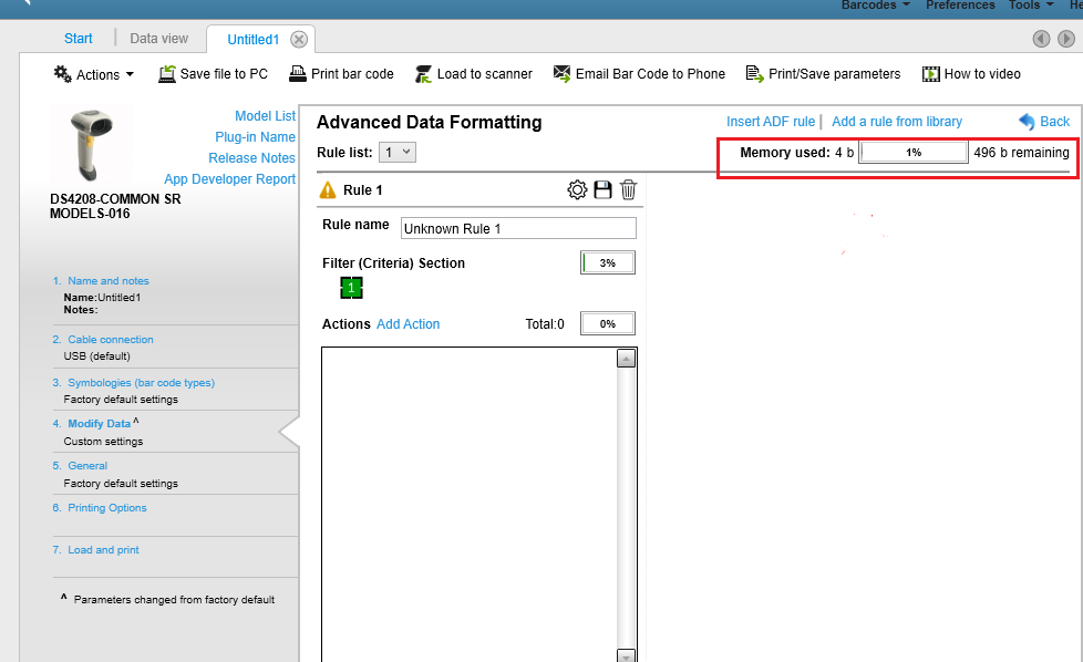 Identifying Scanner Memory Capacity for Advanced Data Formatting Actions When Using 123Scan
