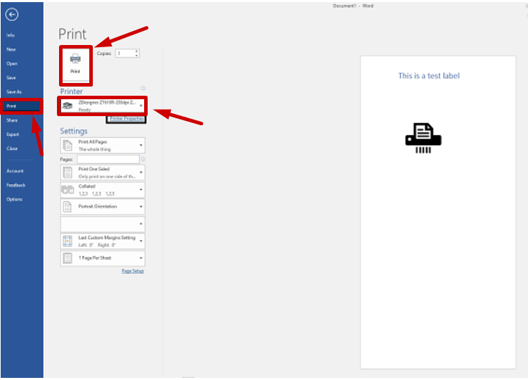 Printing from MS Word