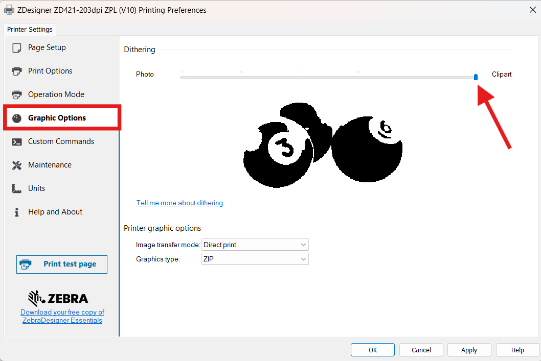 Adjust the Dithering/Graphic Options on the ZDesigner Drivers Versions 8 and 10