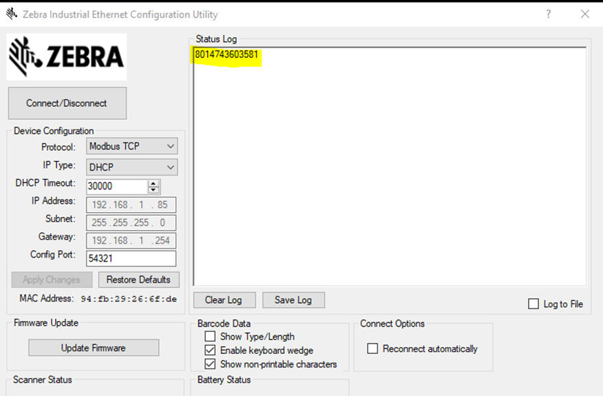 EA3600: Configuration in TCP/IP Standard with Raw Data