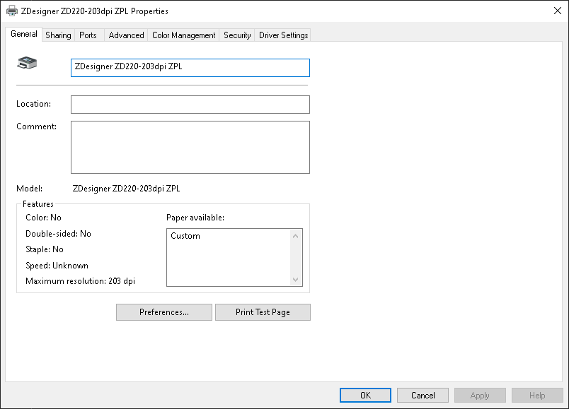 ZDesigner Driver: Printer Properties