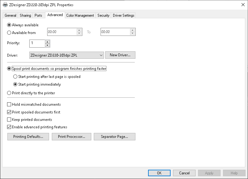 ZDesigner Driver: Printer Properties