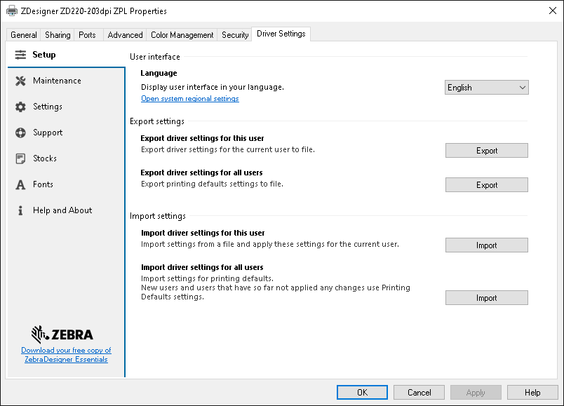 ZDesigner Driver: Printer Properties