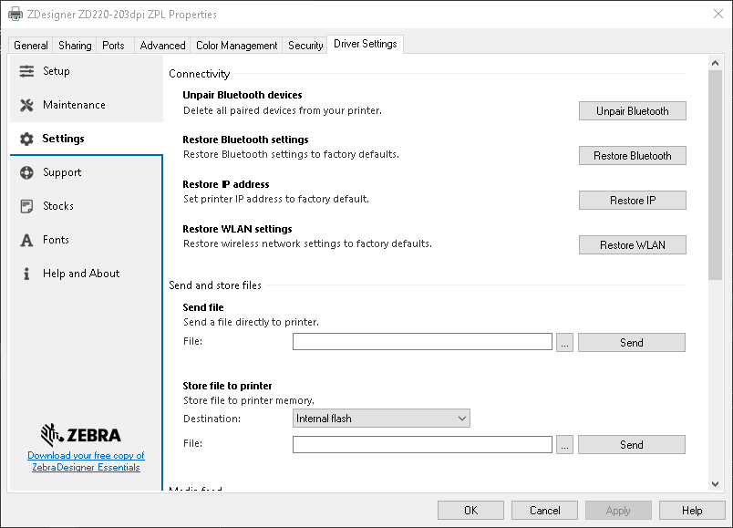 ZDesigner Driver: Printer Properties