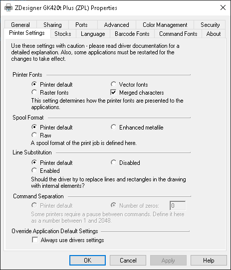 ZDesigner Driver: Printer Properties