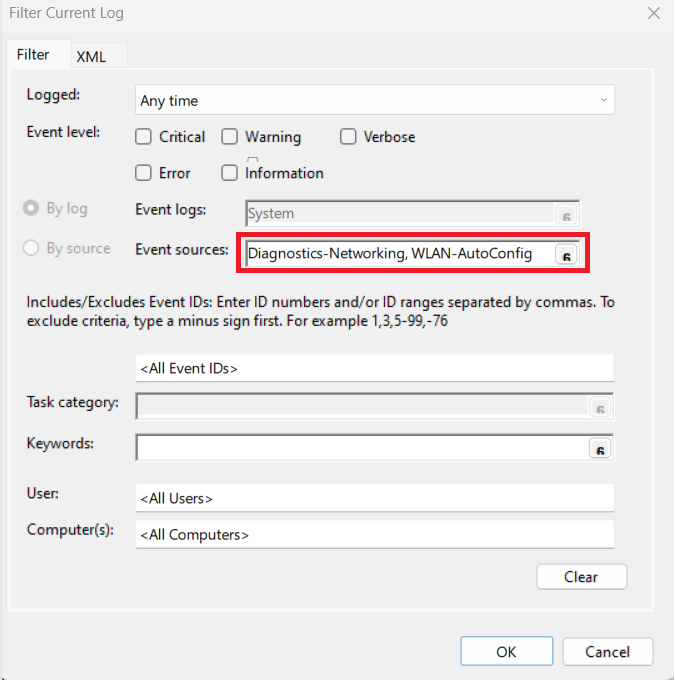 Windows 10/11 Retrieving Wireless Network Log via Windows Event Viewer