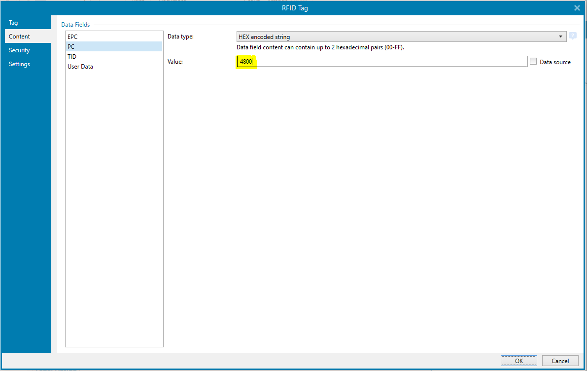 Defining EPC Memory Size in ZebraDesigner 3 Professional.