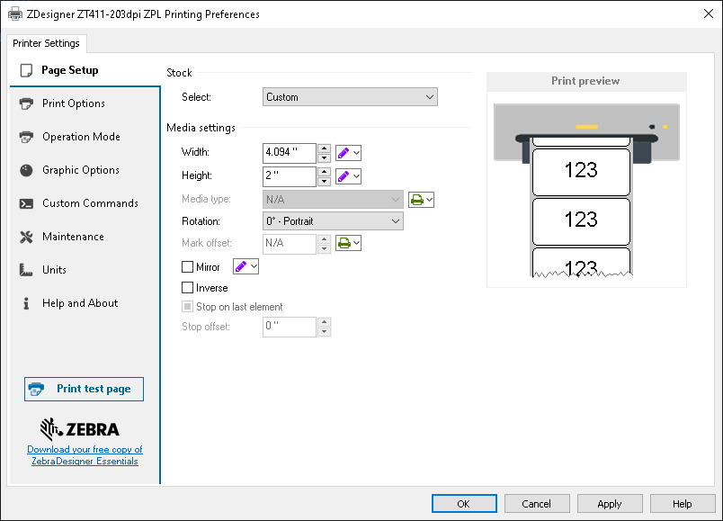 ZDesigner ドライバー v10: プリンターで設定された設定とドライバーで設定された設定