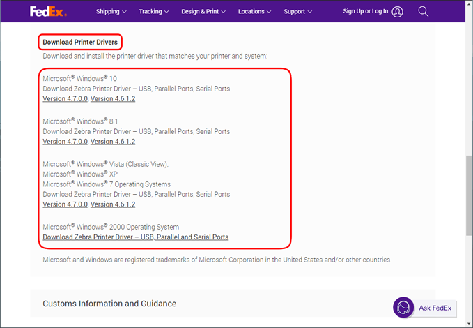 Informacion y detalles del controlador de la impresora Zebra ZP505 ...