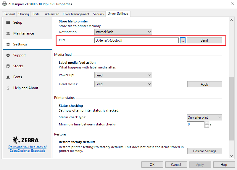 Store Files to Printer with ZDesigner Driver V8