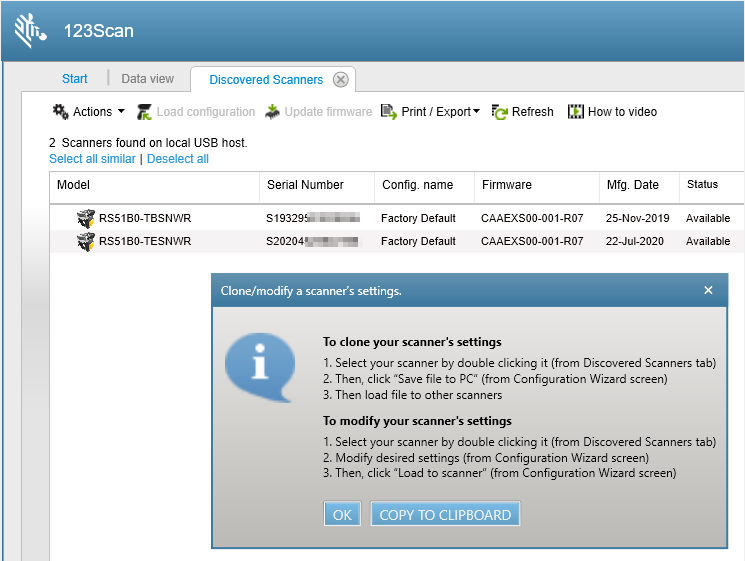 Cloning RS5100 Settings Using 123Scan Utility