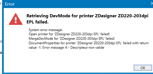 ZebraDesigner 3: Error Message Retrieving DevMode for Printer ZDesigner
