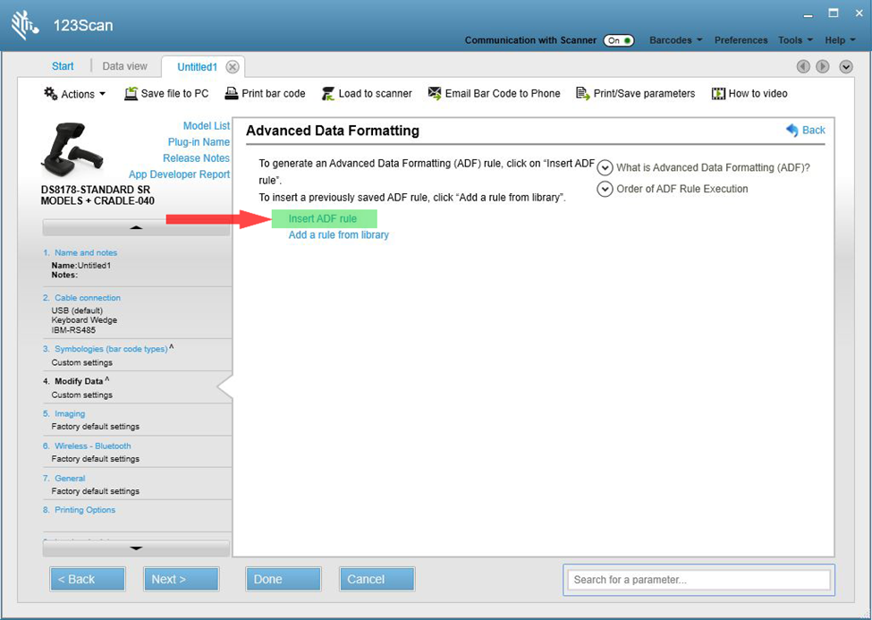 Vincule una regla de análisis de datos GS1 a una regla ADF en 123Scan