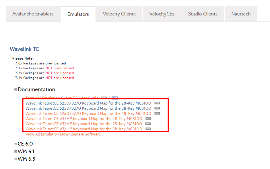 MC32/MC31: Mapa de teclado de emulação Wavelink TelnetCE
