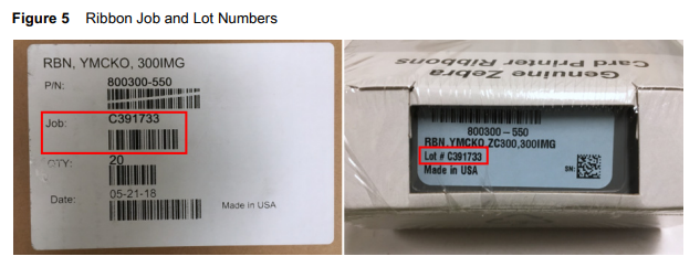 ZC100/ZC300 Card Printer Ribbon Part number/Lot number location