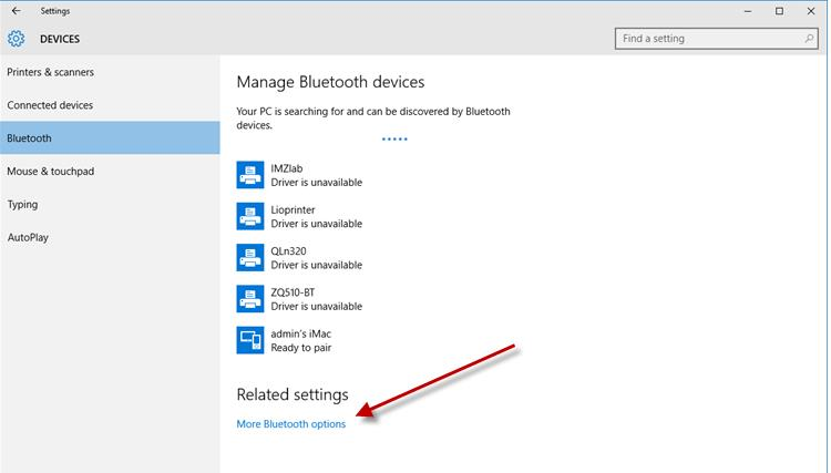Zebra 프린터로 Windows 10 Bluetooth 설정