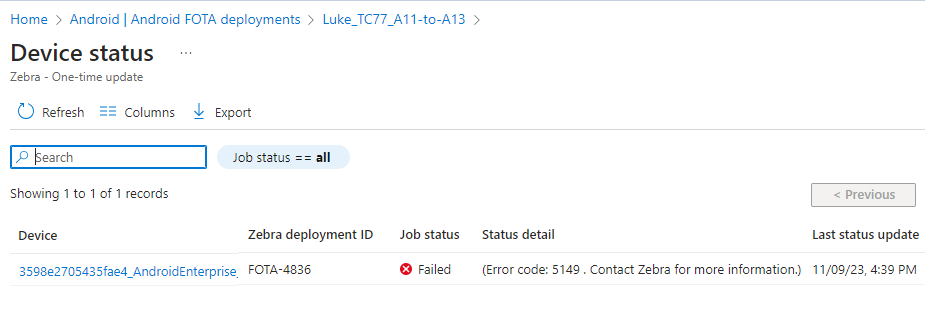 Zebra LifeGuard OTA: Nachrichtencode 5149