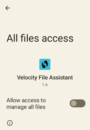 Velocity File Assistant: Grant All files Access Permission