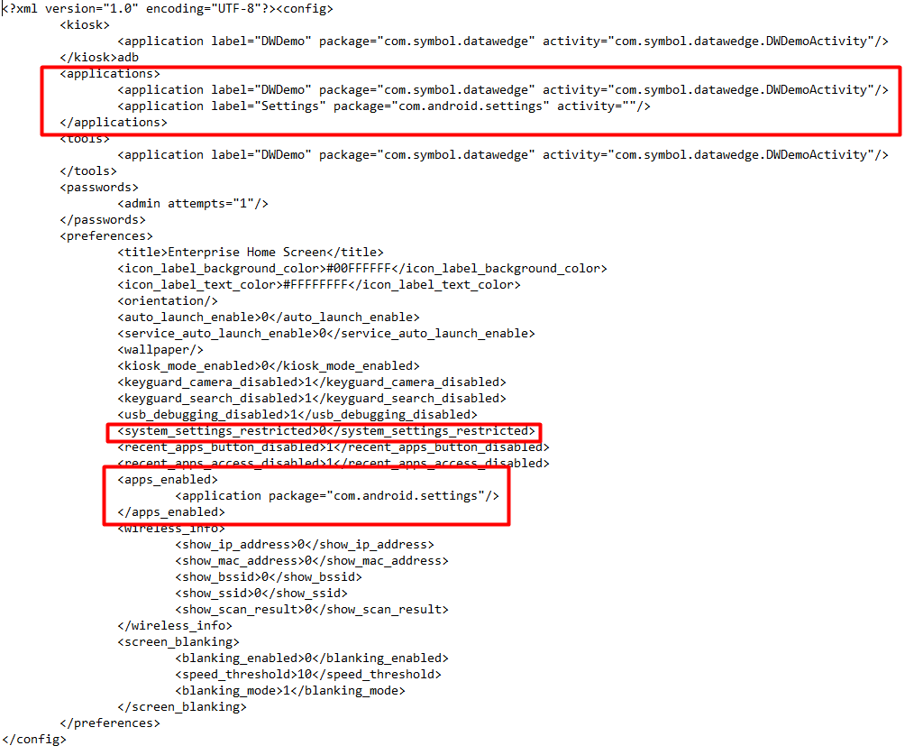Enable Settings Icon in Enterprise Home Screen with XML File
