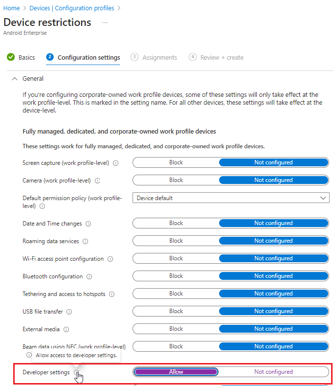 Enable USB Debugging (Developer Options) Using Microsoft Intune