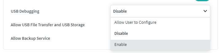 Enabling USB Debugging (Developer Options) Using SOTI MobiControl