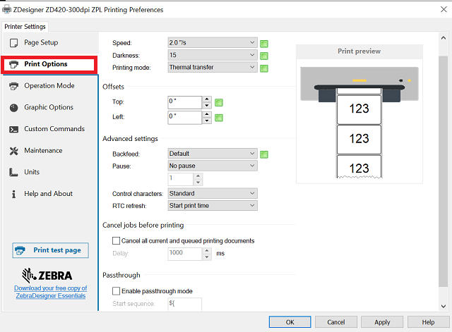 Configure Or Modify Basic Zdesigner Driver Version 8 Settings