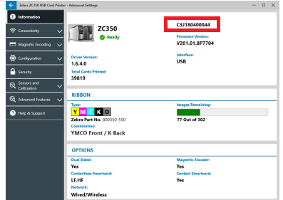 Locate Serial Number: Missing Label on Card Printers