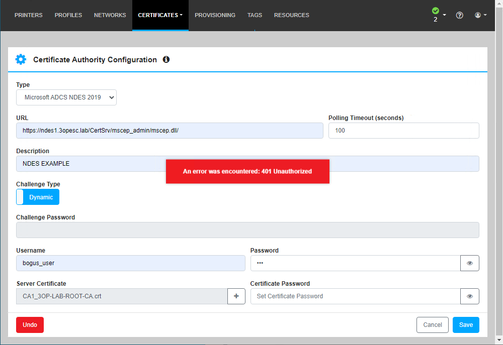 PPME: Errors When Adding a Certificate Authority to Printer Profile Manager Enterprise