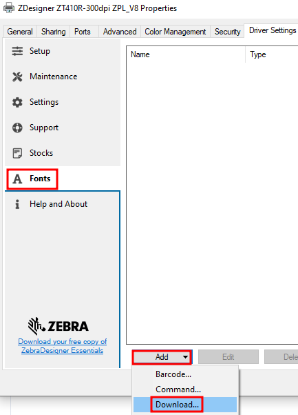 Zdesigner V8을 통해 Windows 글꼴을 프린터로 다운로드