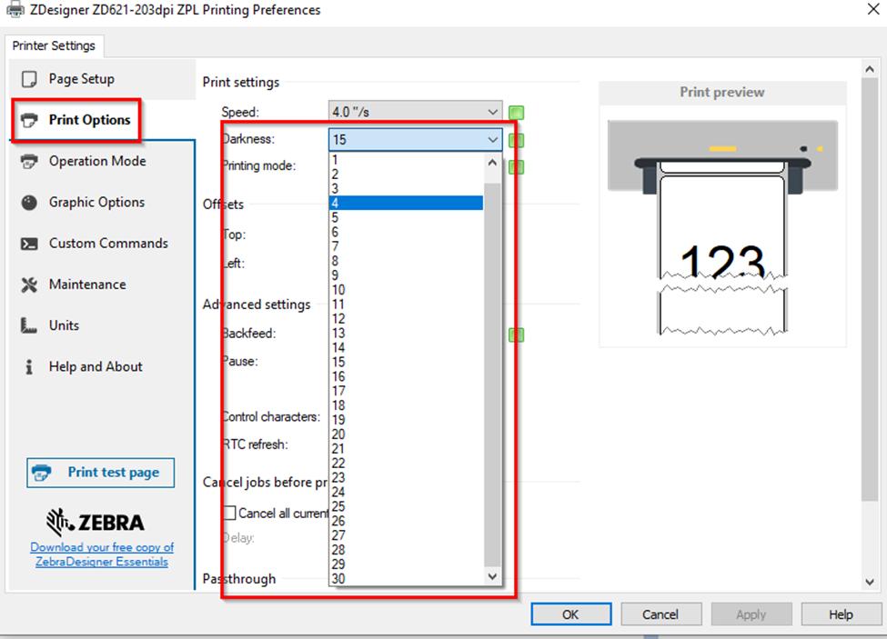 ZDesigner Driver V8 또는 V10을 사용하여 명암 및 속도 설정