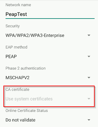 针对 Android 11 将 PEAP-MSCHAPv2 连接创建为“不验证”