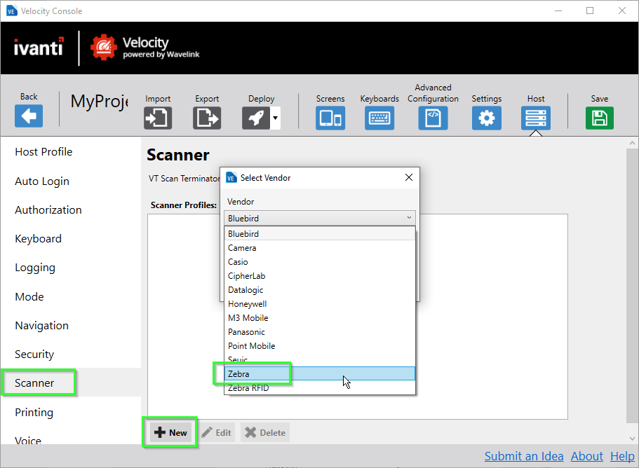 Velocity Console: 기본 호스트 설정 및 배포