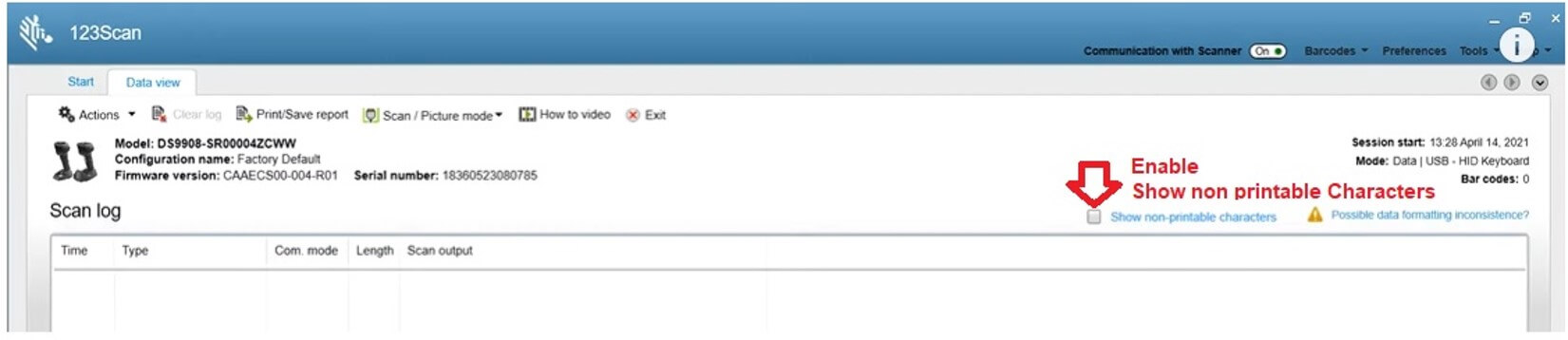 Check the Scanner Data Output and Display Non-printable Characters Using 123Scan