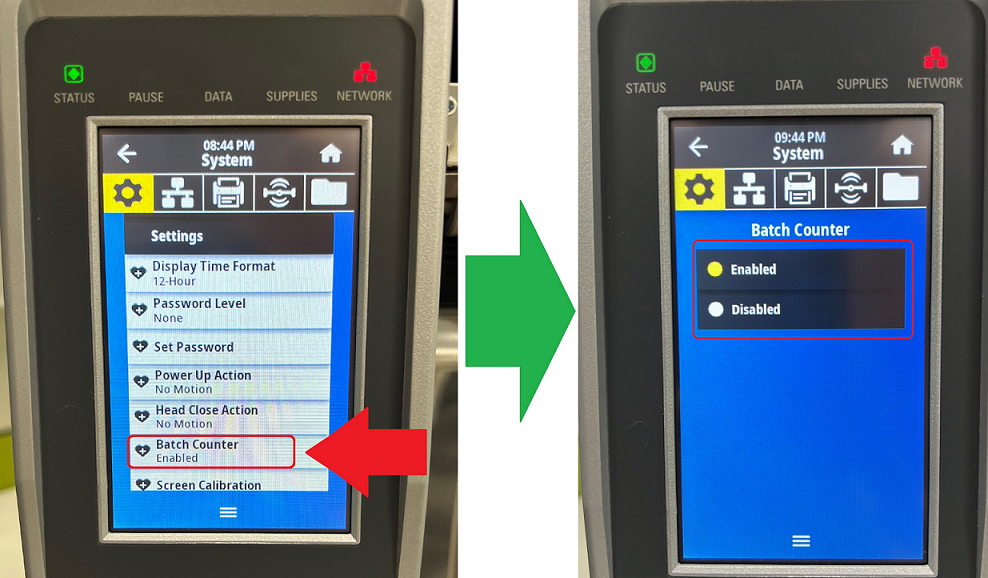 Enable Batch Counter Display on Printers with Color Touch Display