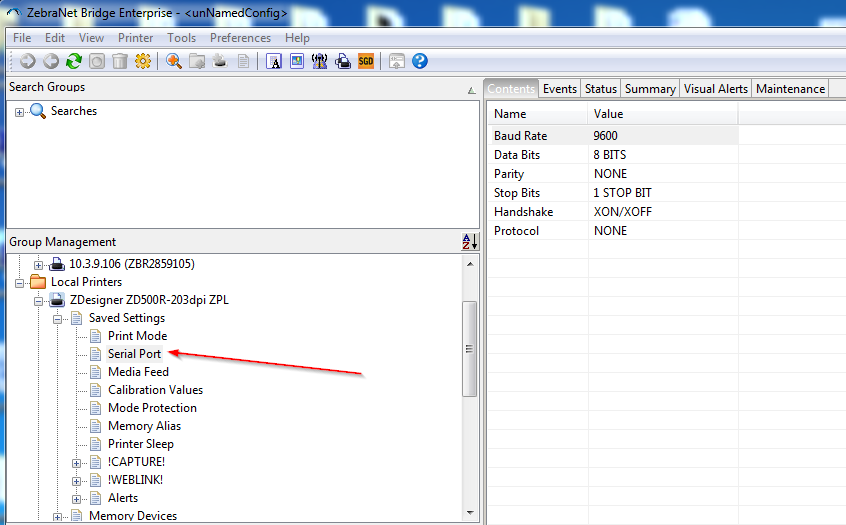 Definindo as configurações da porta serial (ZebraNet Bridge Enterprise)