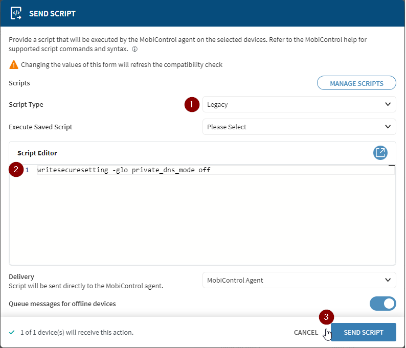SOTI MobiControl : Script hérité pour désactiver le DNS privé
