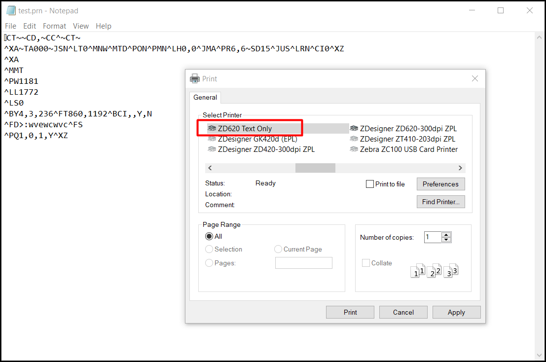 일반 텍스트 프린터를 사용하여 Zpl 파일 인쇄